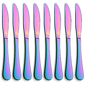 WYT Colorful Dinner Knives Set of 8, Stainless Steel Rainbow Premium Dinner Knife 9.1-Inche, Muticolorful 8-Piece Cutlery Dinner Knives, Mirror Polish, Dishwasher Safe…