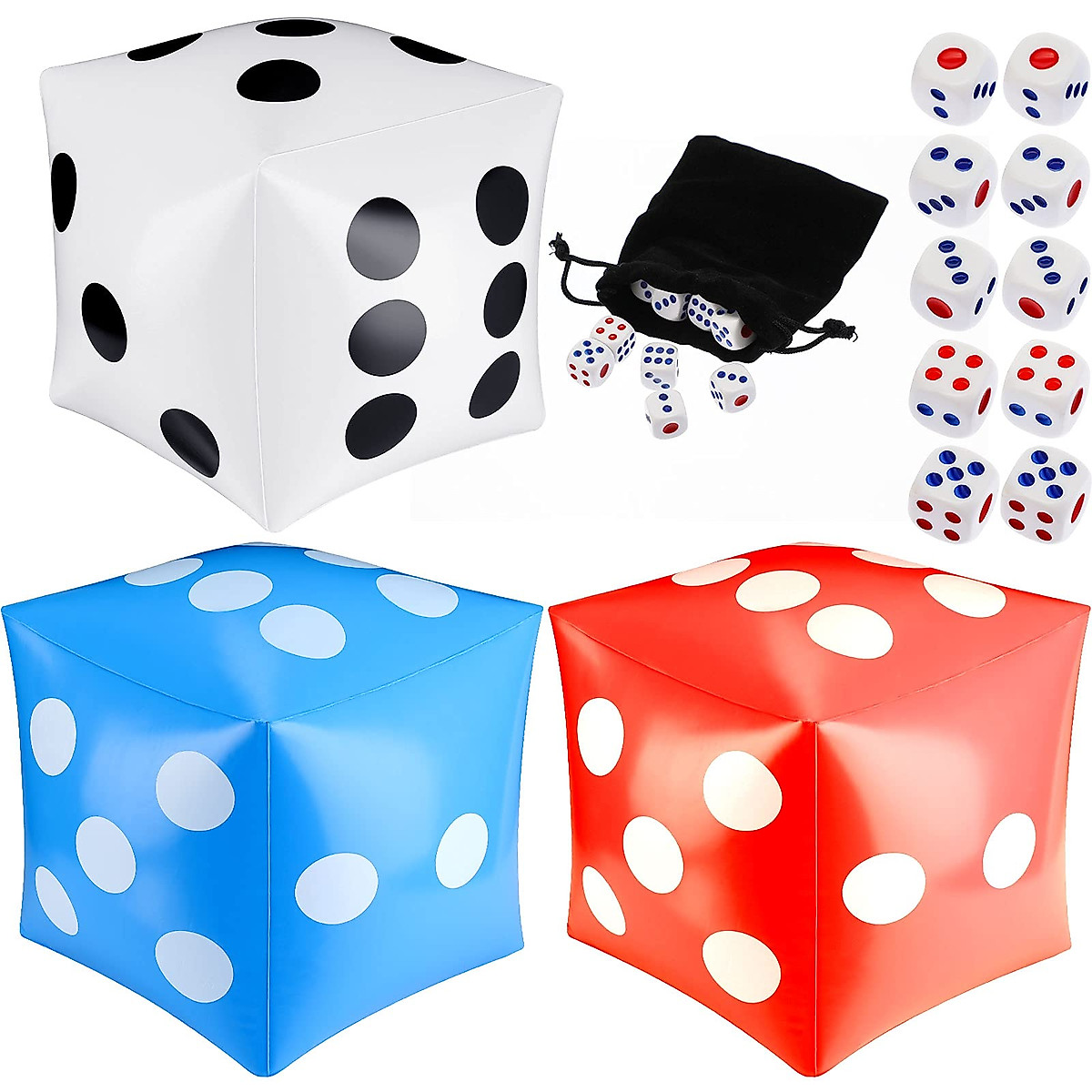 Sumind 12 Inch Jumbo Inflatable Dice Outdoor Fun Huge Inflatable Dice Set Include 3 Jumbo Inflatable Dices, 10 Pieces 12 mm Plastic Dices for Indoor Outdoor Broad Game and Pool Party Supplies Prop Toy