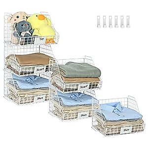 Foldable Closet Organizers and Storage, Wall Mount&Cabinet Wire Basket, Stackable Storage Bins with Nameplate Storage Toys Clothes Snack, Trapezoidal Organizers for Bedroom, Living Room Pantry Kitchen