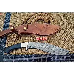 HUNTEX Handmade Hand-Forged Twist Pattern Damascus Steel 15 Inch Long Full Tang Natural Buffalo Horn Handle Razor Sharp Hunting Camping Kukri Knife w/Genuine Leather Sheath