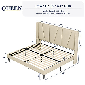 Allewie Queen Size Platform Bed Frame with Geometric Wingback Headboard, Modern Upholstered Bed with Wooden Slats Support, No Box Spring Needed, Easy Assembly, Beige