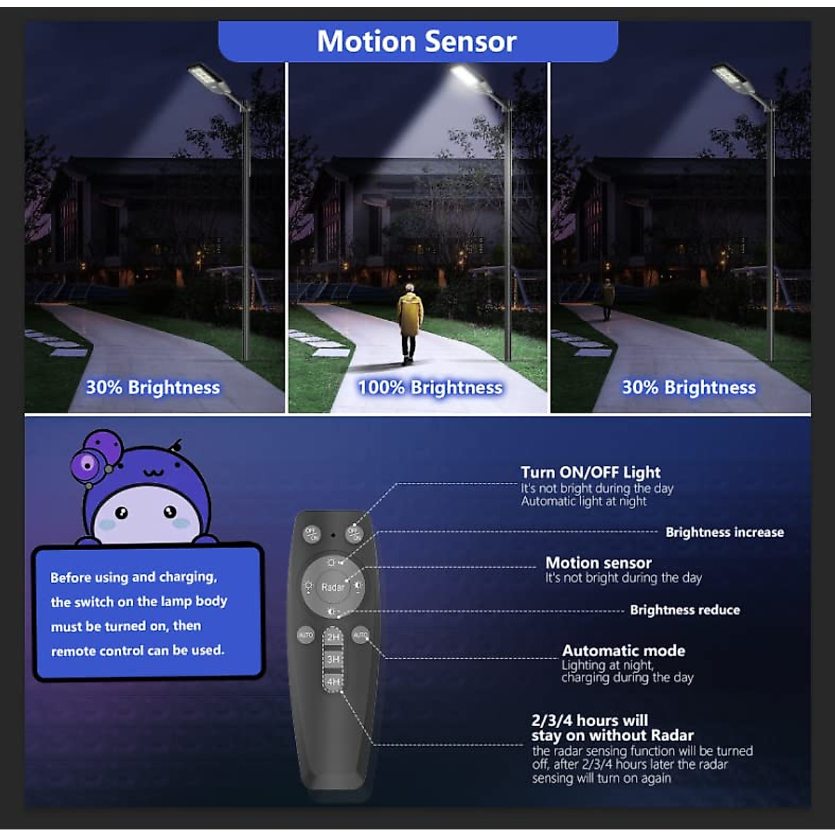 TENKOO 2 Pack 800W Solar Street Light, Light Control&PIR Motion Sensor, Dusk to Dawn Security Solar Powered Parking Lot 50000 Lumens for Square,Yard, Garden,Basketball Court