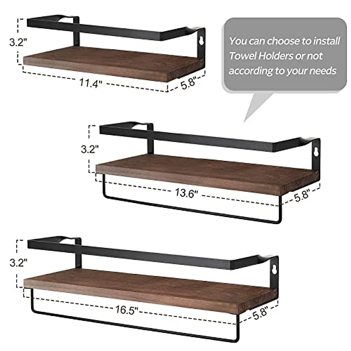 AOZITA 3 Set PRE-Assembled Floating Bathroom Shelves with 2 Towel Bars, Wall Mounted Storage Wood Shelf, Rustic Decor Accessories for Bathroom, Kitchen, Bedroom, Office, Over Toilet - Brown