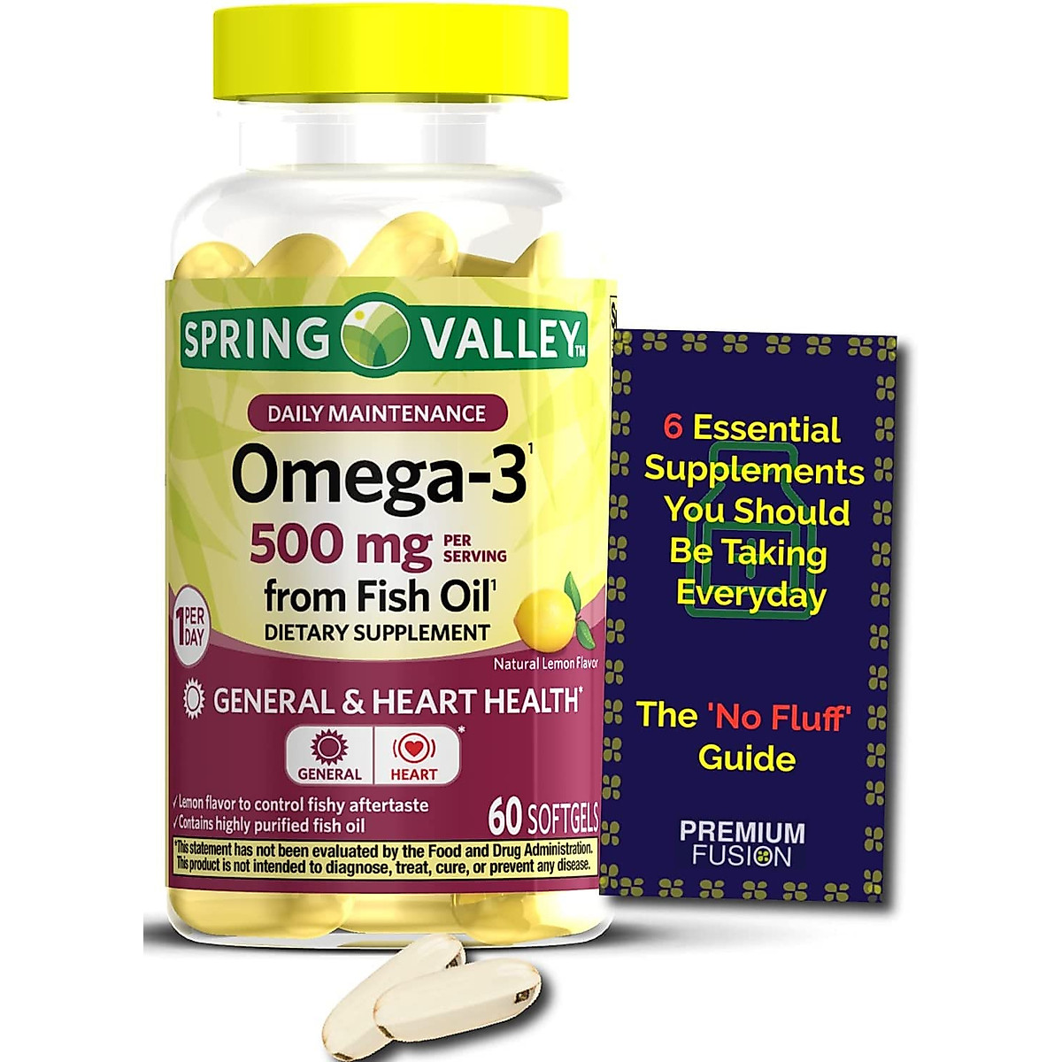 Omega-3 Fish Oil Softgels, 500 mg, DHA, EPA, 60 ct. + Vitamin Pouch and Guide to Supplements