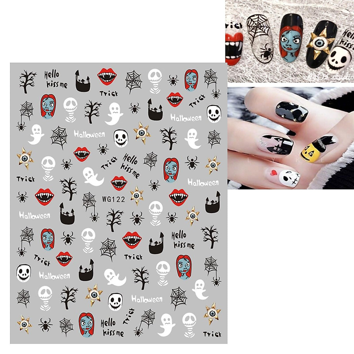JMEOWIO 8 Sheets Halloween Nail Art Stickers Decals Self-Adhesive Pegatinas Uñas Horror Skull Nail Supplies Nail Art Design Decoration Accessories