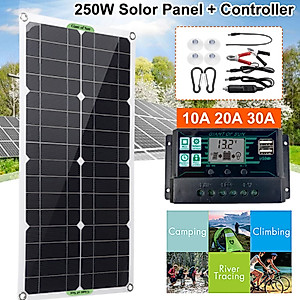 Solar Panel Kit 250W Monocrystalline Solar Panel Kit Solar Panel Controller Combo with 10A Charge Controller Dual USB Ports for RV Car Boat Battery Charging