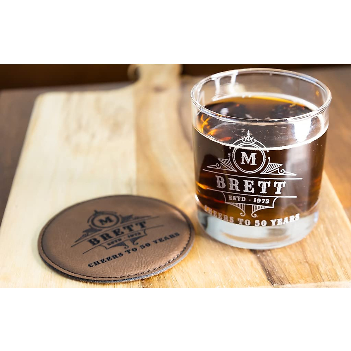 Personalized Whiskey Glass with Matching Custom Coaster - Custom Engraved Whiskey Glasses for Men 50th Birthday Gift for Whiskey Drinker Personalized Bar Accessories