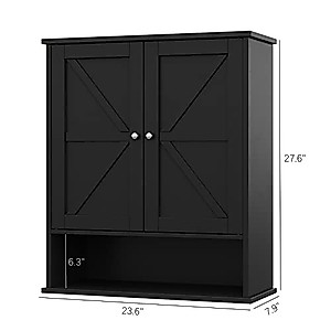 Reettic Two Door Wall Cabinet, Wooden Medicine Cabinet, Wall Mounted Bathroom Storage Cabinet with Inner Adjustable Shelf, for Bathroom, Kitchen, Entryway, Black BMGZ103B
