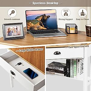 GOFLAME Computer Corner Desk, Wood Compact Home Office Writing Worstation with Drawer and Shelves, Laptop PC Corner Table for Small Space Home Office, Natural & White