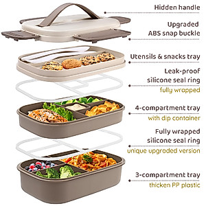 Bento Box Adult Lunch Box, Stackable Bento Lunch Container for Adults Kids, 3 Layer Portable Lunch Containers with Utensils, Sauce Jar, Muffin Liners, 63oz, Microwave & Dishwasher Safe, Brown