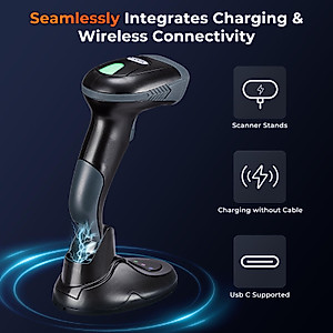 MUNBYN Barcode Scanner Bluetooth, 2.4G Wireless Scanner 1D/2D/QR Cordless Reader with 1400mAh Charger Stand, USB CCD Scanner for Windows, Mac, Android with 1.2 Meter USB Wired Cable