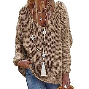 Womens Sweaters V Neck Knit Pullover Tops Plus Size Cable Knit Jumpers Long Sleeve Solid Color (XX-Large,Brown)