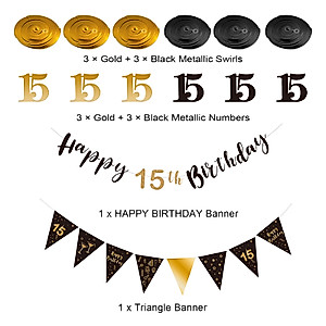 BRT Bearingshui 15th Birthday Decoration Kit for Boys Girls, Happy 15th Birthday Banner Bunting Swirls Streamers, Triangle Flag Banner for Birthday Party Decorations Supplies Black and Gold 15th