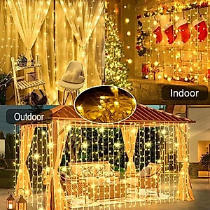600 LED Solar Curtain Lights Outdoor Remote Control Gazebo Light 8 Modes Waterproof Waterfall Fairy Light String Window Wall Hanging Solar Patio Light Outside Wedding Party Christmas Decor, Warm