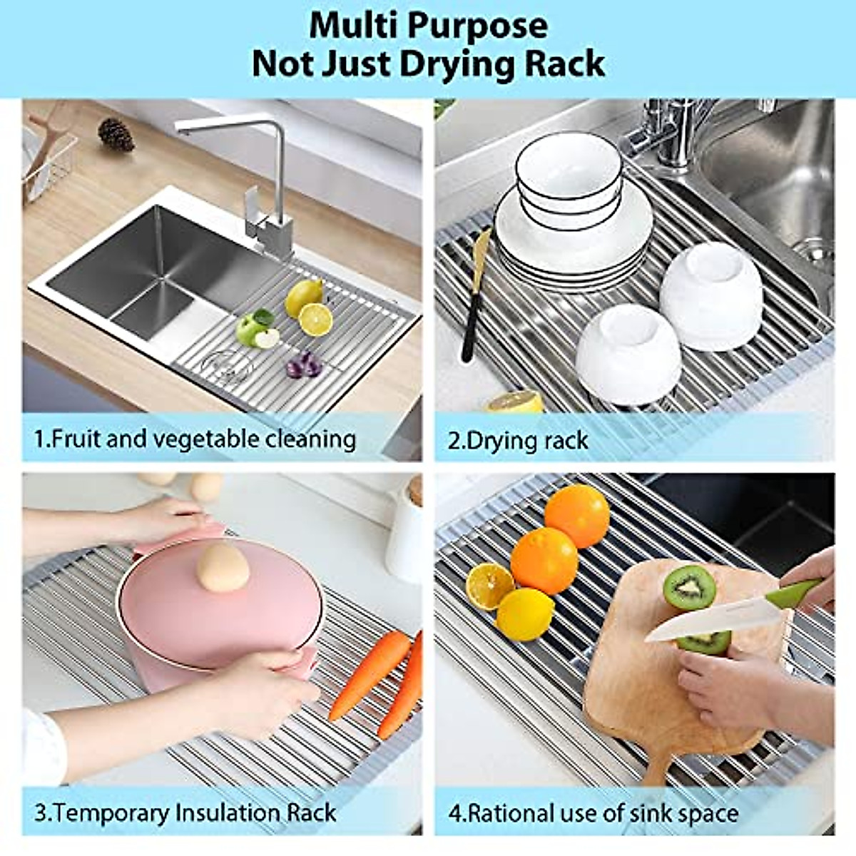Zeanoch Dish Drying Rack Over The Sink Sink Drying Rack, Adjustable Length, Rolled Up ，Foldable，Saves Space, Fits Most Sinks, Stainless Steel Mat ,Also Great to Use with Kitchen Sink Mats (Black)