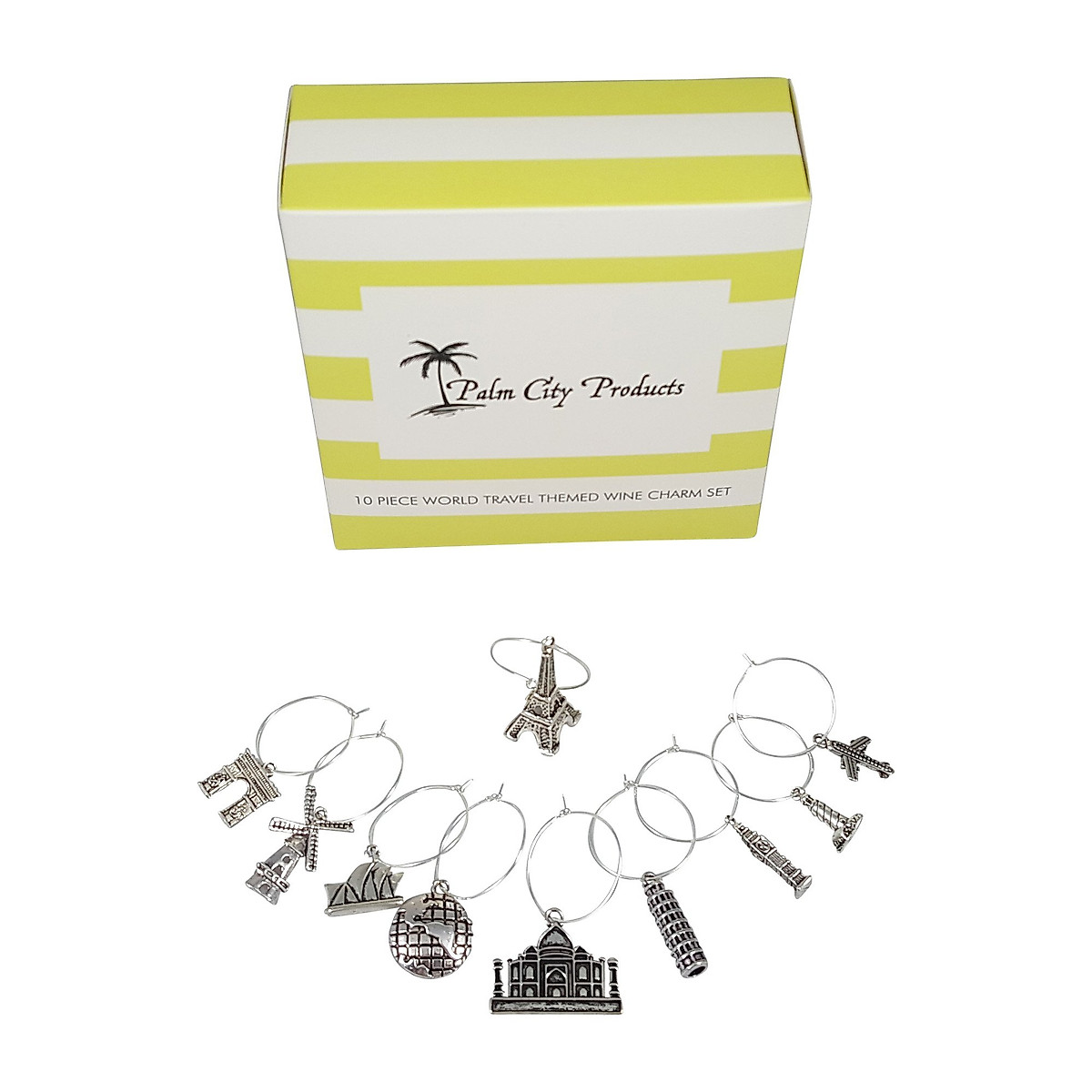 Palm City Products 10 Piece World Travel Themed Wine Charm Set - Traveler Stemmed Wine Glass Charms