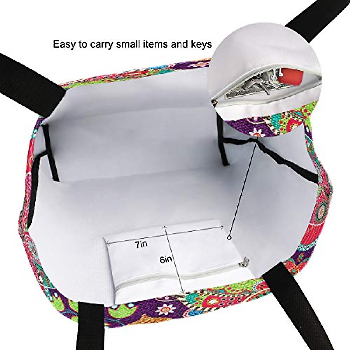 ALAZA Large Canvas Tote Bag Cute Indian Floral Elephant Shopping Shoulder Handbag with Small Zippered Pocket