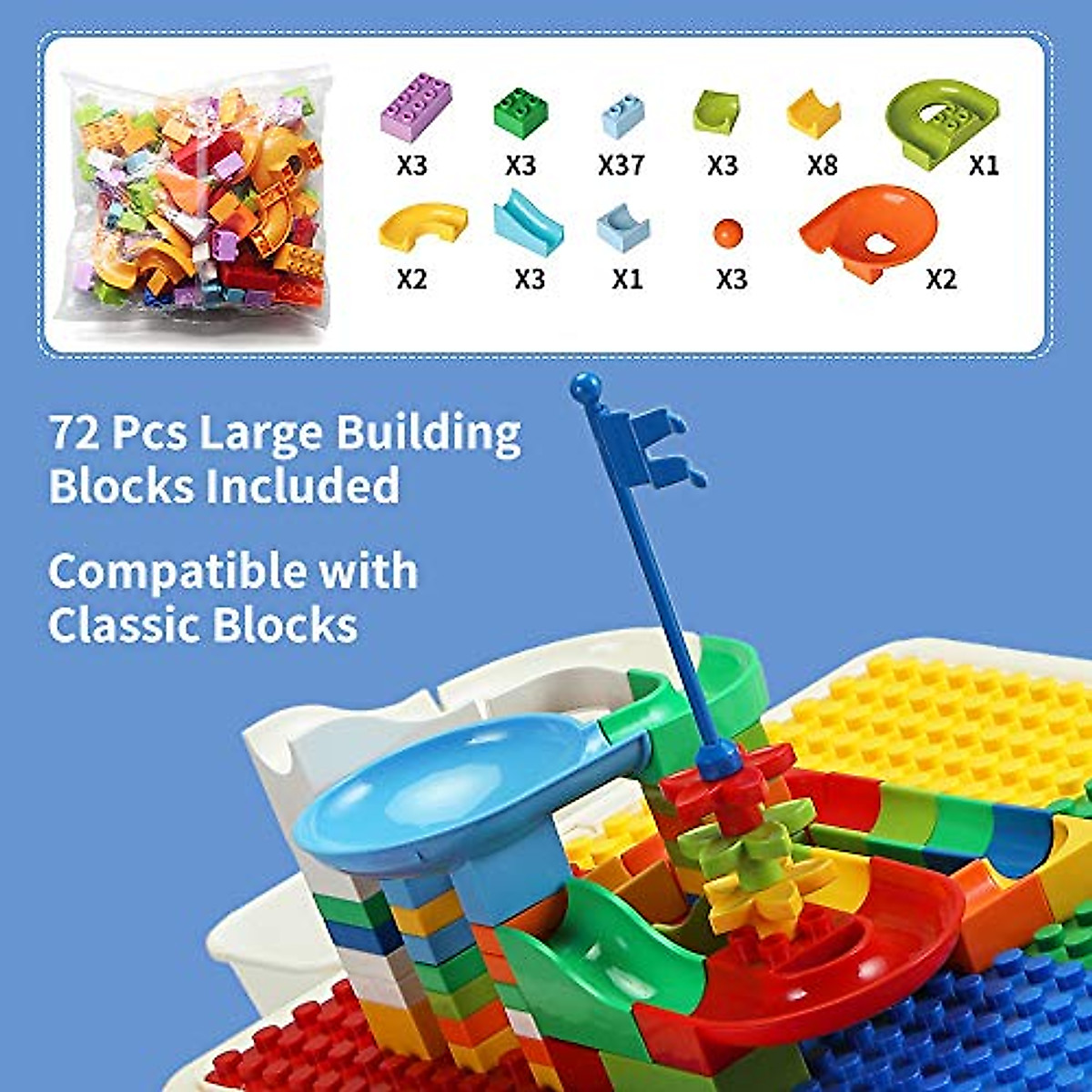 Sandinrayli 7-in-1 Kid Activity Table Set w/2 Chairs & 72Pcs Large Size Blocks, Compatible with Classic Blocks, Water/Sand Table, Building Block Table for Toddler (Primary)