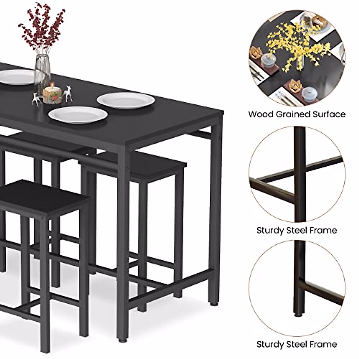 AWQM 5 Piece Bar Table Set, Modern Counter Height Dining Table and Chairs Set for 4, Wood Kitchen Table and 4 Bar Stools for Small Spaces, Apartment, Pub, Dining Room (Black)