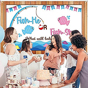 Gone Fishing Gender Reveal Poster Photo Backdrop,Fish She or Fish He Gender Reveal for Baby Boy or Girl Sign Baby Shower Decoration of Gender Reveal Backdrop