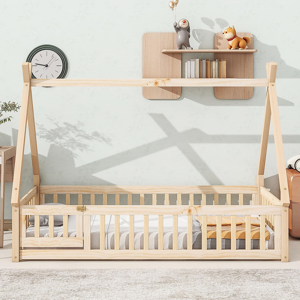 LostCat Twin Size Floor Bed for Kids Girls Boys, Wooden Montessori Floor Bed with Guardrails & Door, Tent-Shaped Floor Bed, Wood Slat Support, Easy Assembly, Natural