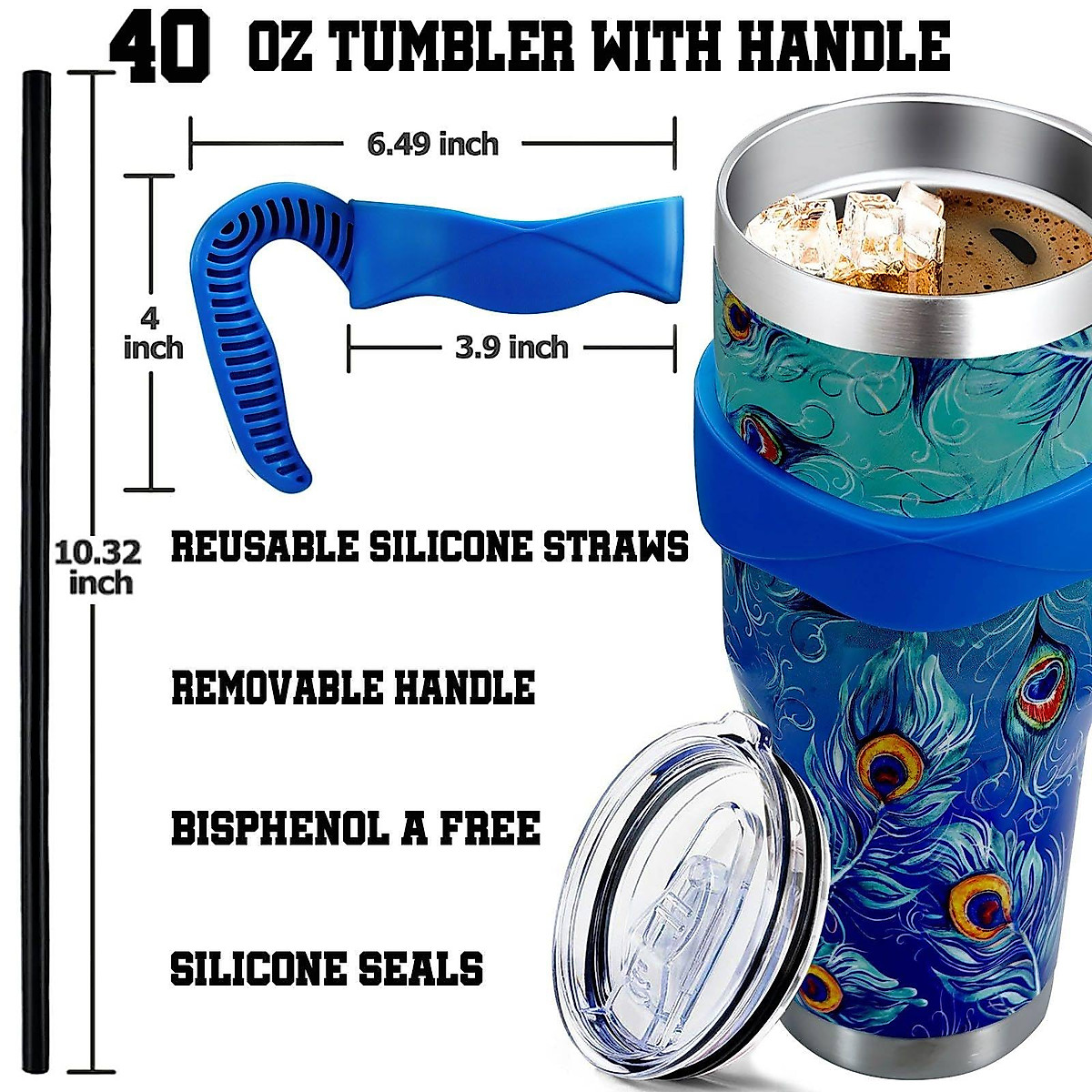 Sunmdecor 40 Oz Tumbler with Handle and Silicone Straws,Coffee Insulated Tumbler with Handle,40oz Tumbler with Handle