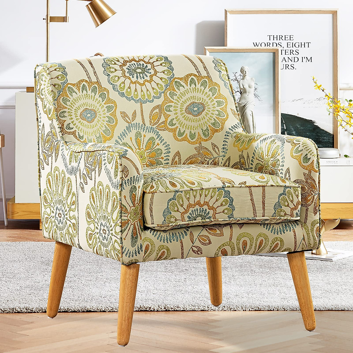 Vaztrlus Fabric Accent Chair Club Chair Exquisite Print Living Room Chairs Upholstered Modern Reading Chair Tufted Classic Wingback Chair for Bedroom(Sun Flower)