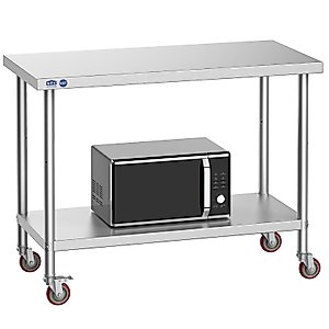 Leteuke Stainless Steel Prep Table, NSF Metal Work Table with Wheels, SUS201 Commercial Heavy Duty Table with Adjustable Undershelf, Food Prep Table for Restaurant Kitchen - 48" x 24" x 37"