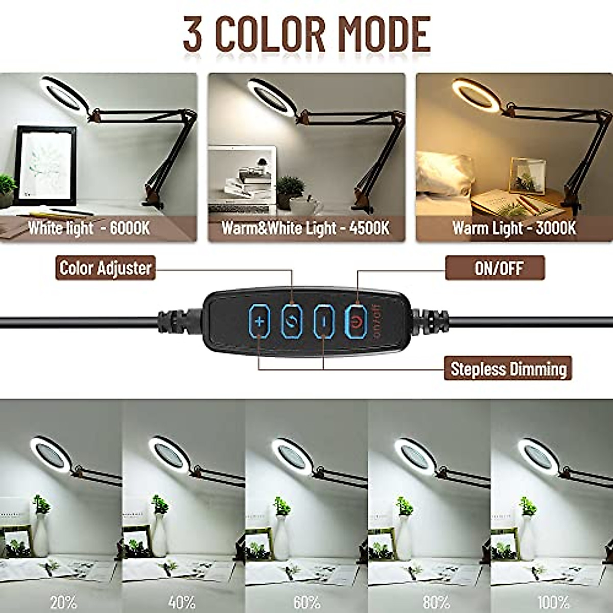 LANCOSC Magnifying Glass with Light and Stand, 5X 5 Inches Real Glass Lens, 3 Color Modes Stepless Dimmable LED Desk Lamp, Adjustable Arm Lighted Magnifier Light for Reading Repair Crafts - Black Gold