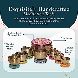 Sanskar Nepal - Tibetan Singing Bowl Set of 7, Handcrafted Singing Bowl for Meditation & Holistic Healing, Yoga Accessories, 3-5” Gold Singing Bowls with Wooden Striker, Cushion & Purple Carry Box