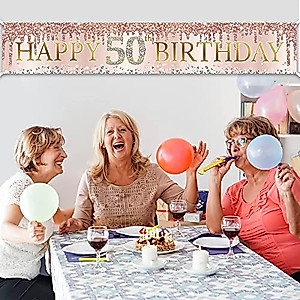 Happy 50th Birthday Banner Decorations for Women, Pink Rose Gold 50 Birthday Sign Party Supplies, Large Fifty Year Old Birthday Door Cover Banner Decor
