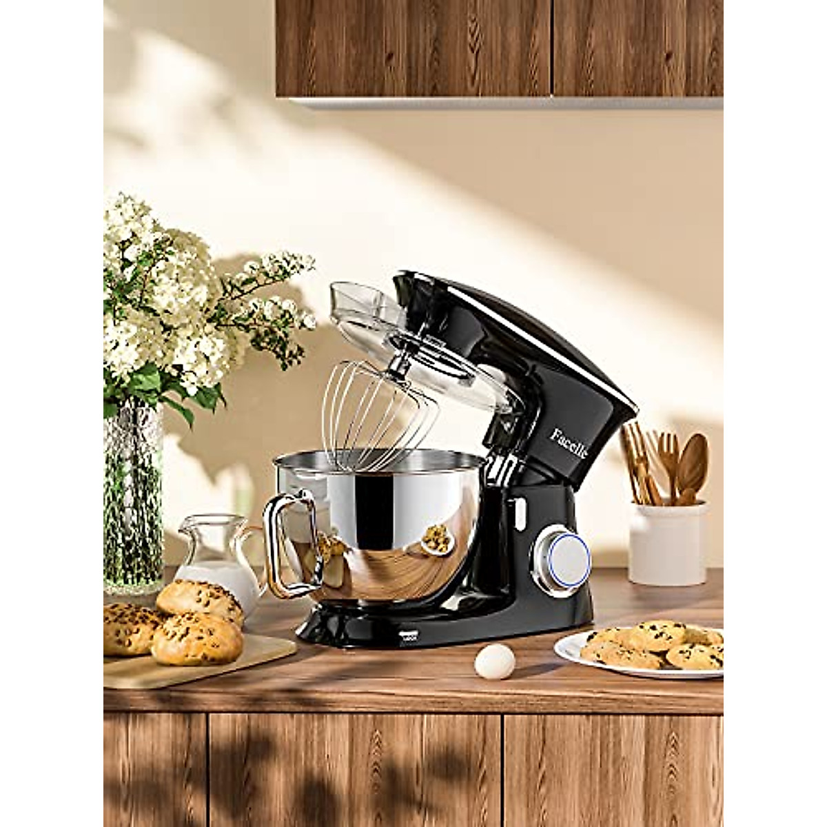 Facelle Stand Mixer, 8.5 Quart Electric Mixer, 660W 6-Speed Tilt-Head Kitchen Electric Food Mixer with Beater, Dough Hook and Wire Whip, Black