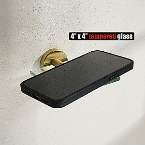 JQK Small Floating Glass Shelves Gold, 4 Inch Display Ledges for Wall, Mini Decor, Living Room Bedroom Bathroom, Tempered Glass Shower Storage, 2 Pack, TGS101L4-BG-P2