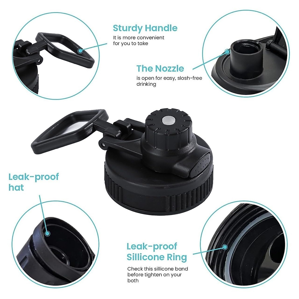 VIGOR PATH Auto Flip Spout Lids for Wide Mouth Water Bottles (12oz-64oz) - BPA-Free Sports Cap Top Replacement Fits Most Wide Mouth Sports Water Bottles - (Set of 2)