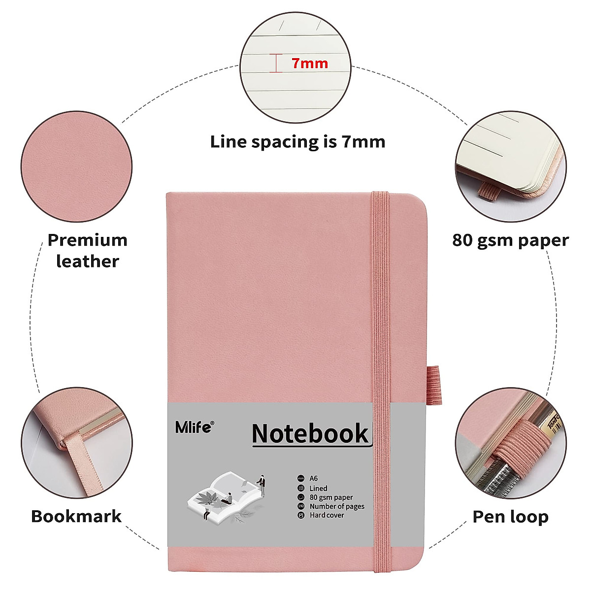 A6 Small Journal Notebook, Lined Pocket Notebook with Pen Holder, Mini Notebook Hardcover, 192 Pages, 3.9 inches * 5.5 inches Jurnal for Women and Man（1PACK Pink）