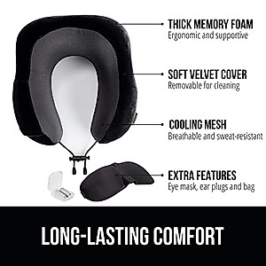 Gorilla Grip Memory Foam Travel Neck Pillow, Head Support on Airplanes, Soft Velvet, Cooling Mesh, Blinkable Eye Mask, Supportive Car Traveling, Sleeping on Long Flight, Airplane Pillows, Black