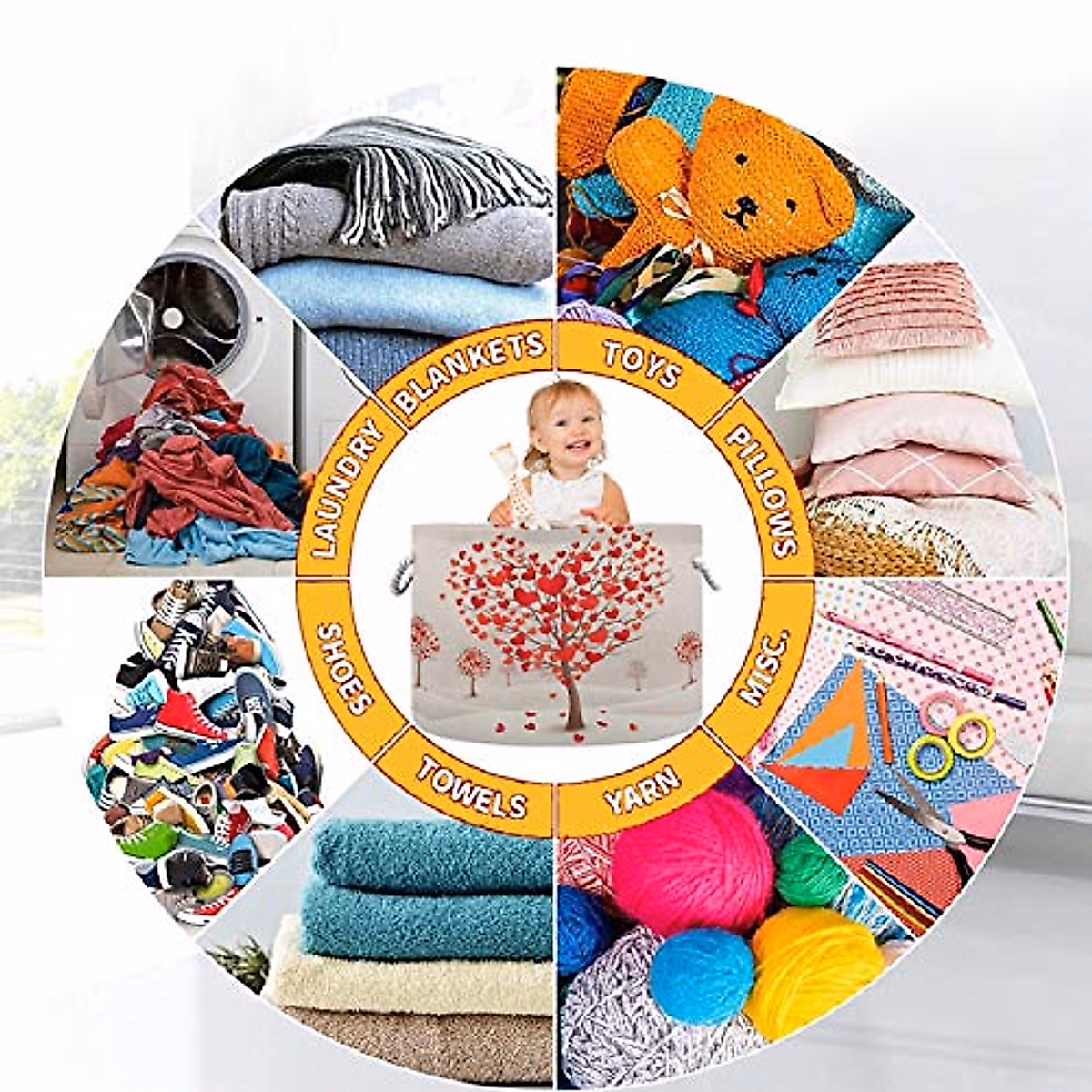 visesunny Valentines Heart Shaped Tree Collapsible Large Capacity Basket Storage Bin with Durable Cotton Handles, Home Organizer Solution for Office, Bedroom, Closet, Toys, Laundry