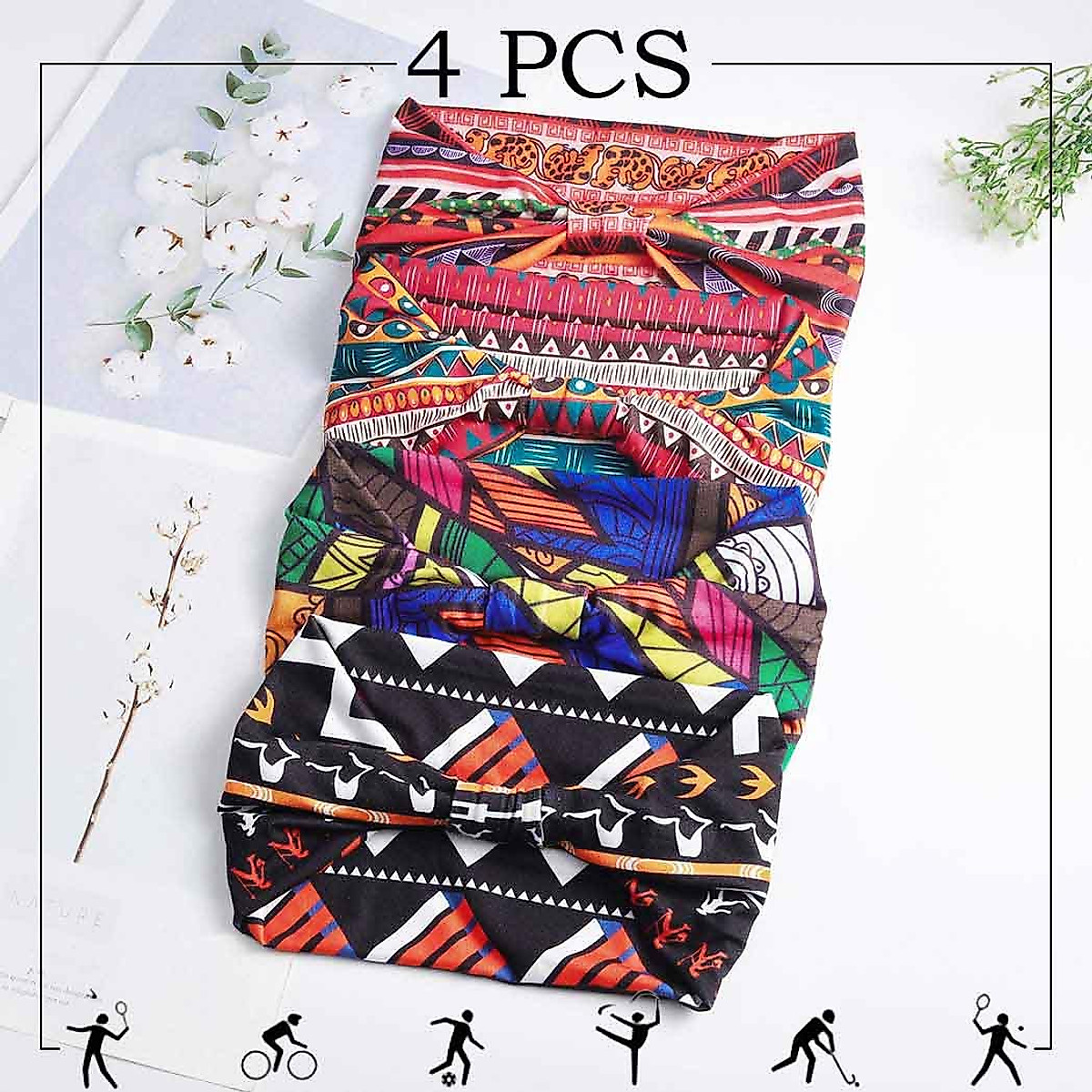 Aceorna African Headbands Boho Knotted Hairbands Stretch Wide Head Wraps Elastic Yoga Turban Hair Scarfs Workout Printed Hair Accessories for Women Pack of 4 (Style A)