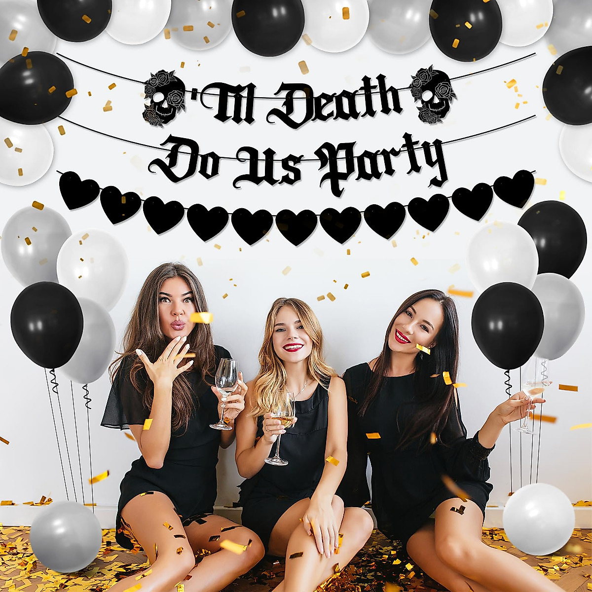 Kitticcino Til Death Do Us Party Party Decorations Gothic Party Banner Acrylic Cake Topper Black White Balloons Black Heart Garland for Bride or Die Bachelorette Halloween Wedding Supplies