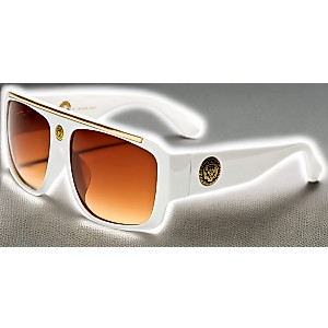 White & Gold Kleo Flat Top Hip Hop Rapper Retro Aviator Sunglasses w/ Brown Lenses
