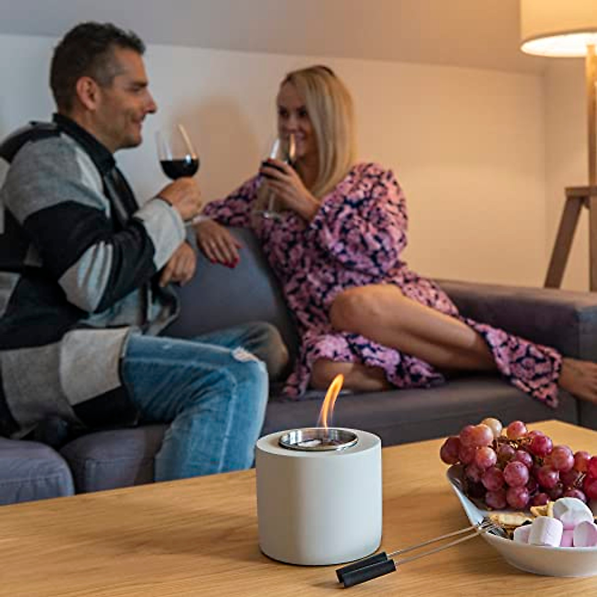 ByRoss Tabletop Fire Pit Kit for Outdoor and Indoor with 2 Forks, 1 Coaster, 1 Extinguisher | Portable Fire Pit Centerpiece | Smores Maker Tabletop Alcohol Fire Pit | Cement Mini Fireplace - Grey