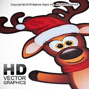 Bigtime Signs XL 4 Piece Reflective Magnetic Reindeer Car Kit - Funny Christmas Car Decorations + 2 Jingle Bells Magnets - Holiday Automotive Magnet (Waving Reindeer)