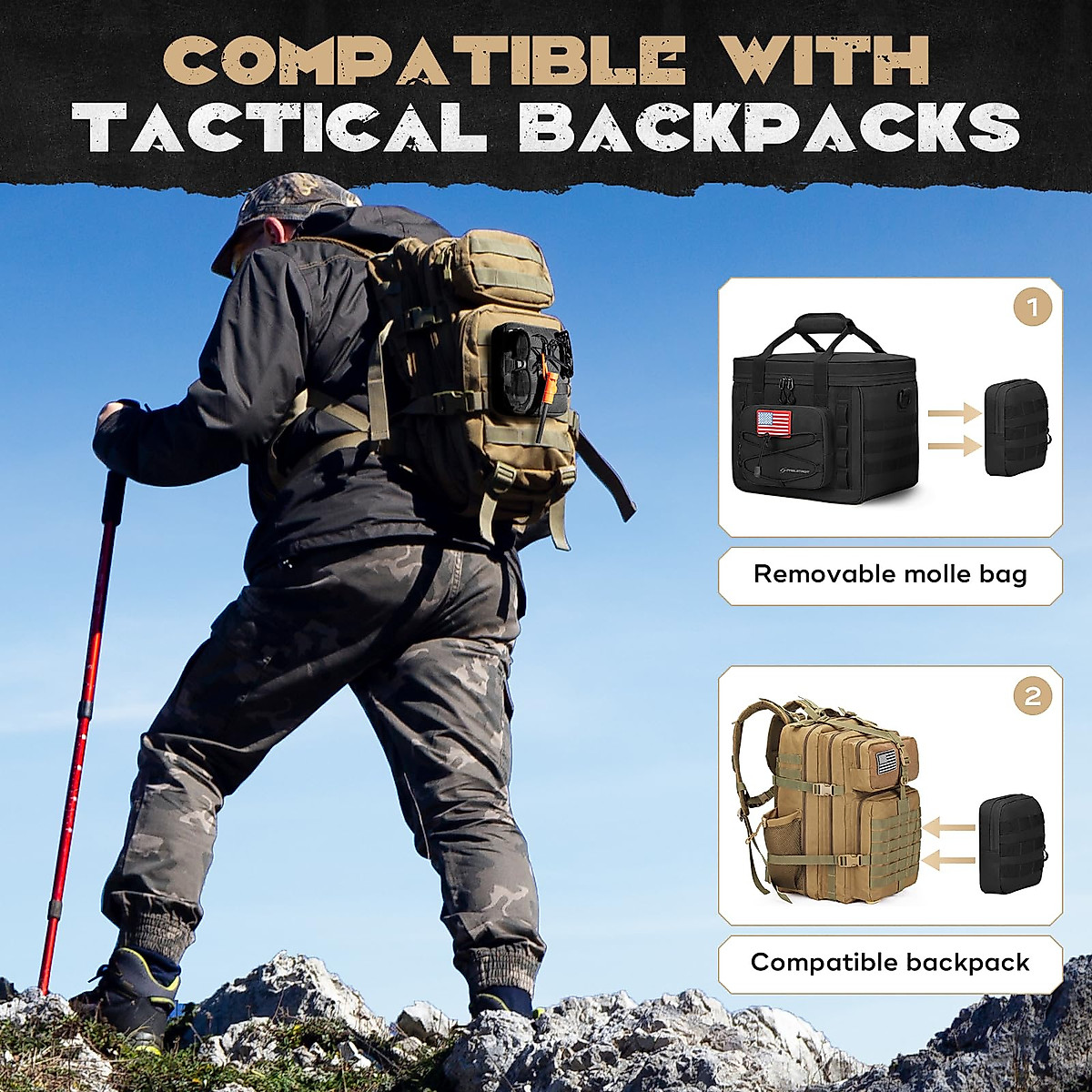 Maelstrom Tactical Lunch Box, Insulated Lunch Bag for Men, Large Leakproof Soft Cooler Bag with Detachable MOLLE Bags, Durable Lunch Tote for Adult Women Work,Picnic,20 Cans/15 L, Black