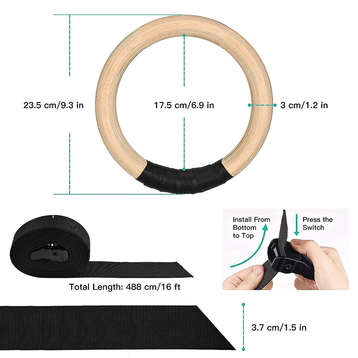 UNICLI Sports Gymnastic Rings with Adjustable Straps - 1.2inch 1500lbs Wooden Olympic Rings - 16.5ft Numbered Straps - Home Gym Full Body Workout