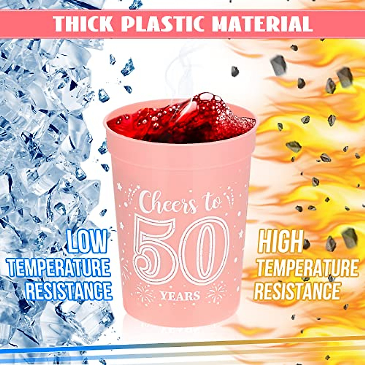 Nuenen 40 Pack 40th 50th 60th 70th Birthday Cups Birthday Stadium Cups Birthday Decorations for Men Birthday Party Favors Rose Gold Party Cups for Birthday Decorations Party Favors, 8 oz (50th)