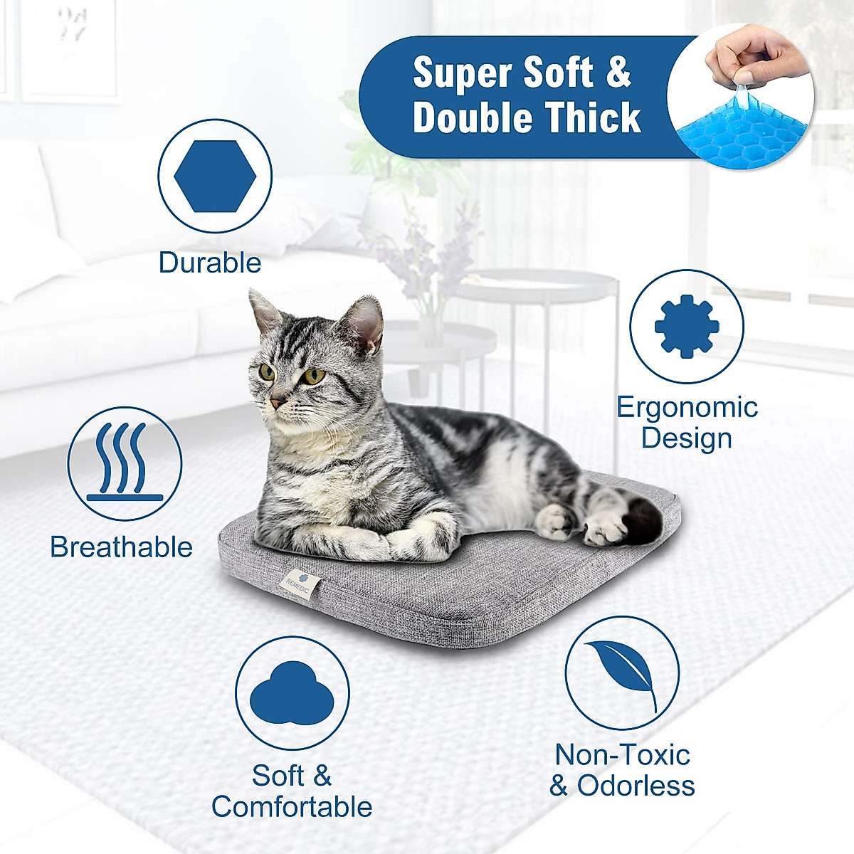 remedic Gel Seat Cushion - Double Thick Incontinence Non-Slip Pad Chair Cushion Breathable Honeycomb Pressure Wheel Design Moisture Proof Machine Washable Fabric Cover Grey