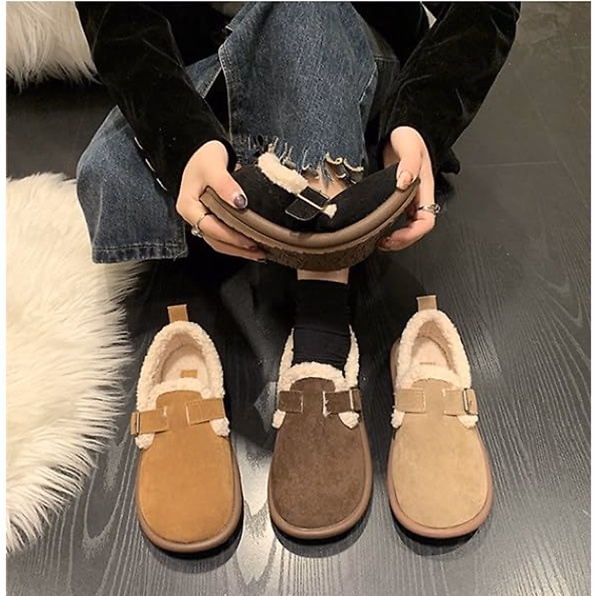 Women's Plush Round Toe Slip-On Shoes, Women's Plush Round Toe Slip-On Orthopedic Shoes, Winter House Slippers, Winter Women'S Comfyslippers, Warm Cotton Shoes (Khaki,40)