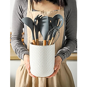 Seyatoo Kitchen Utensil Holder for Countertop, Ceramic Utensil Holder with Cork Mat, Utensil Crocks, Kitchen Tool Holder, Cooking Utensil Holder Organizer for Spatula, White
