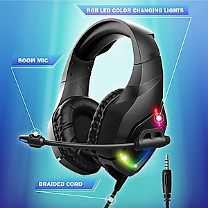 five below Bugha Exclusive LED Gaming Headset w/Boom mic, 3.5mm aux-in + PC Connector, Black