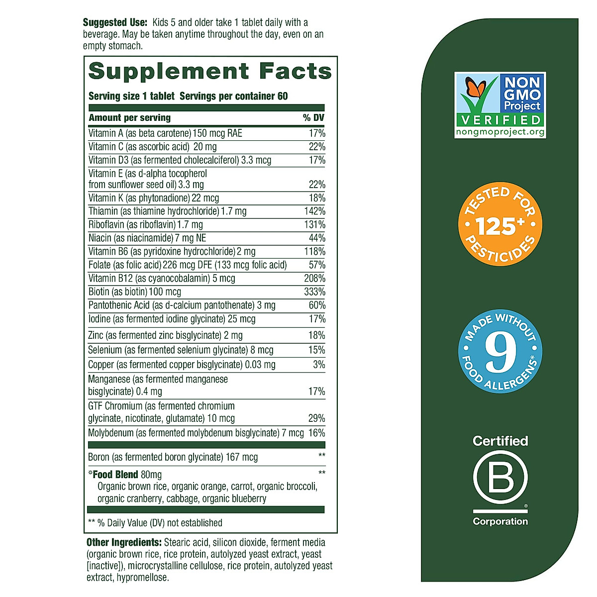 MegaFood Kids One Daily - Kids Vitamins - With Vitamin B, Vitamin C, Vitamin D & Zinc - Bone Health & Immune Support Supplement - Non-GMO, Vegetarian, Made Without 9 Food Allergens - 60 Mini Tabs